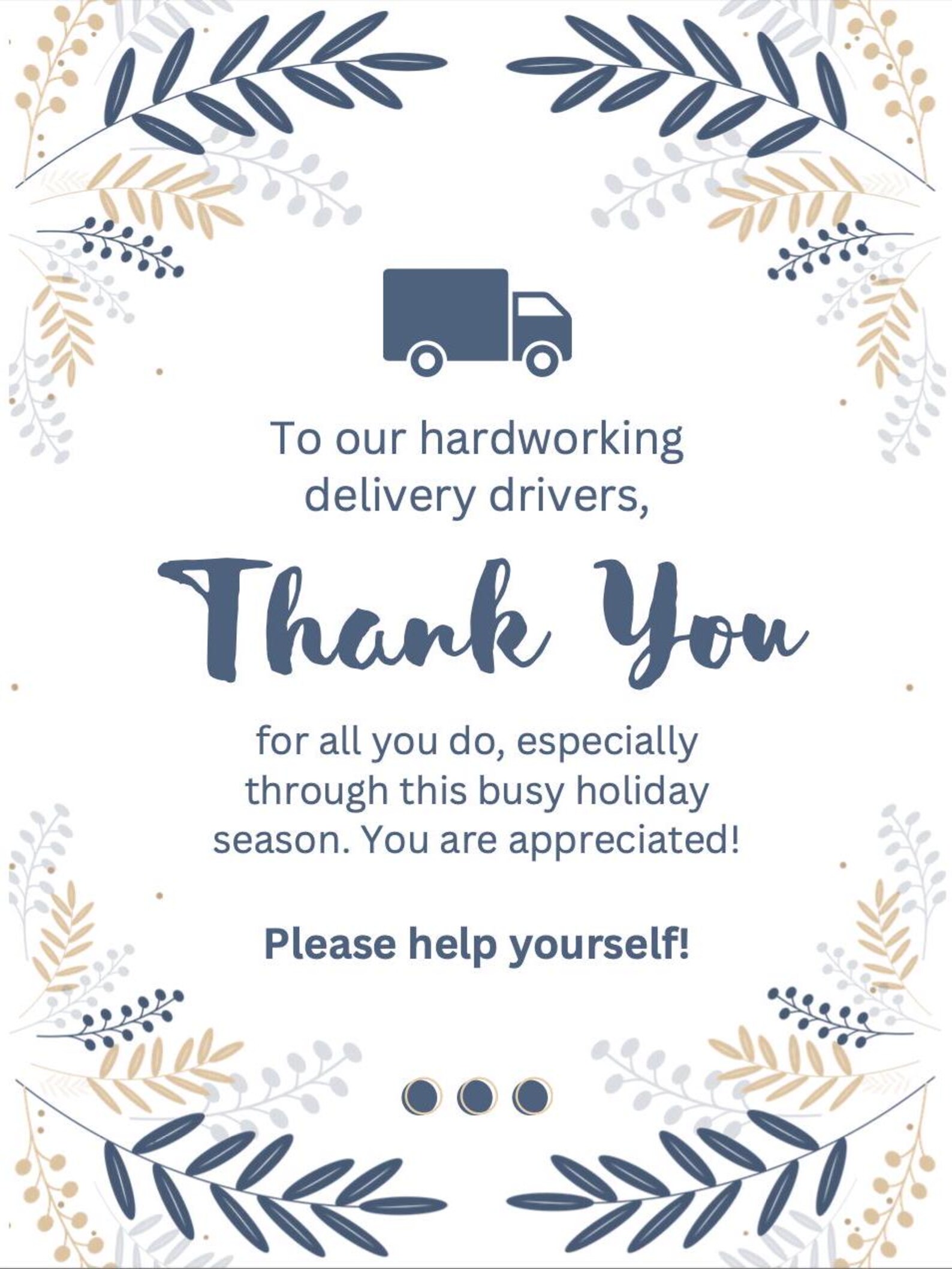 Printable Holiday Delivery Driver Thank You Sign Snack Basket Delivery ...