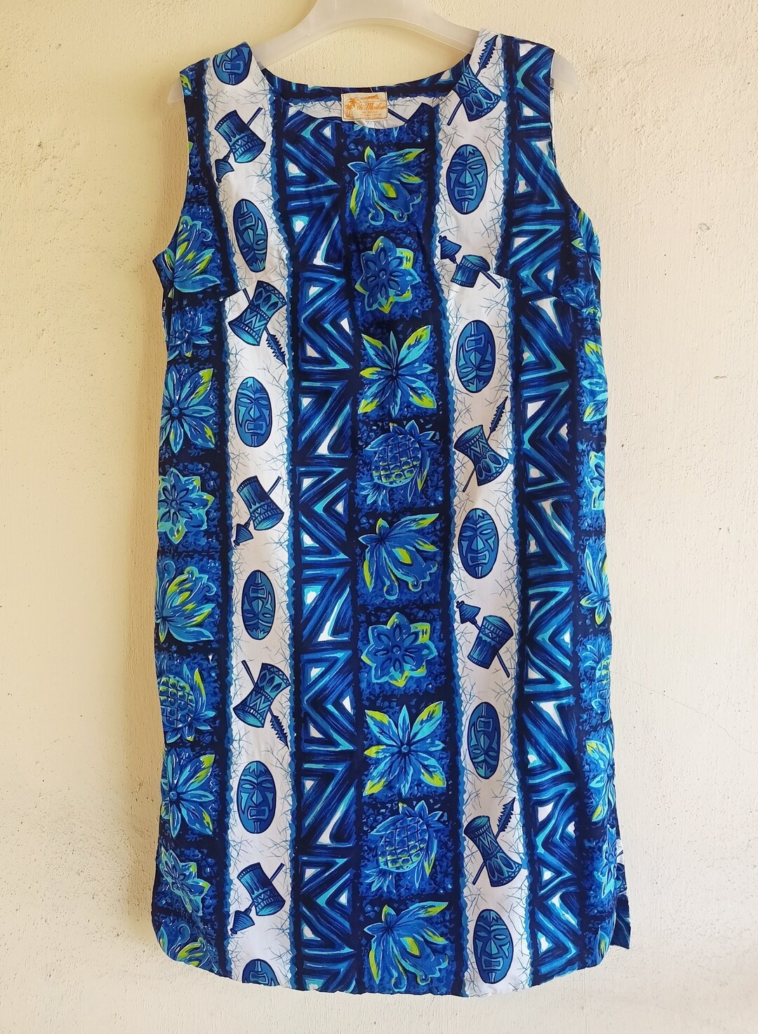 Vintage 60s Ui-maikai Floral Tribe Pattern Blue Color Sleeveless Mini Muumuu Knee Length Dress ...