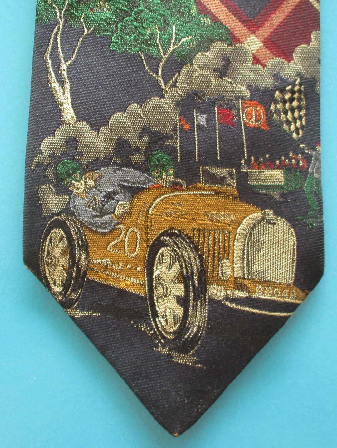 Dunhill London Race Car Plaid Gingham Pattern Navy Blue Woven Silk ...