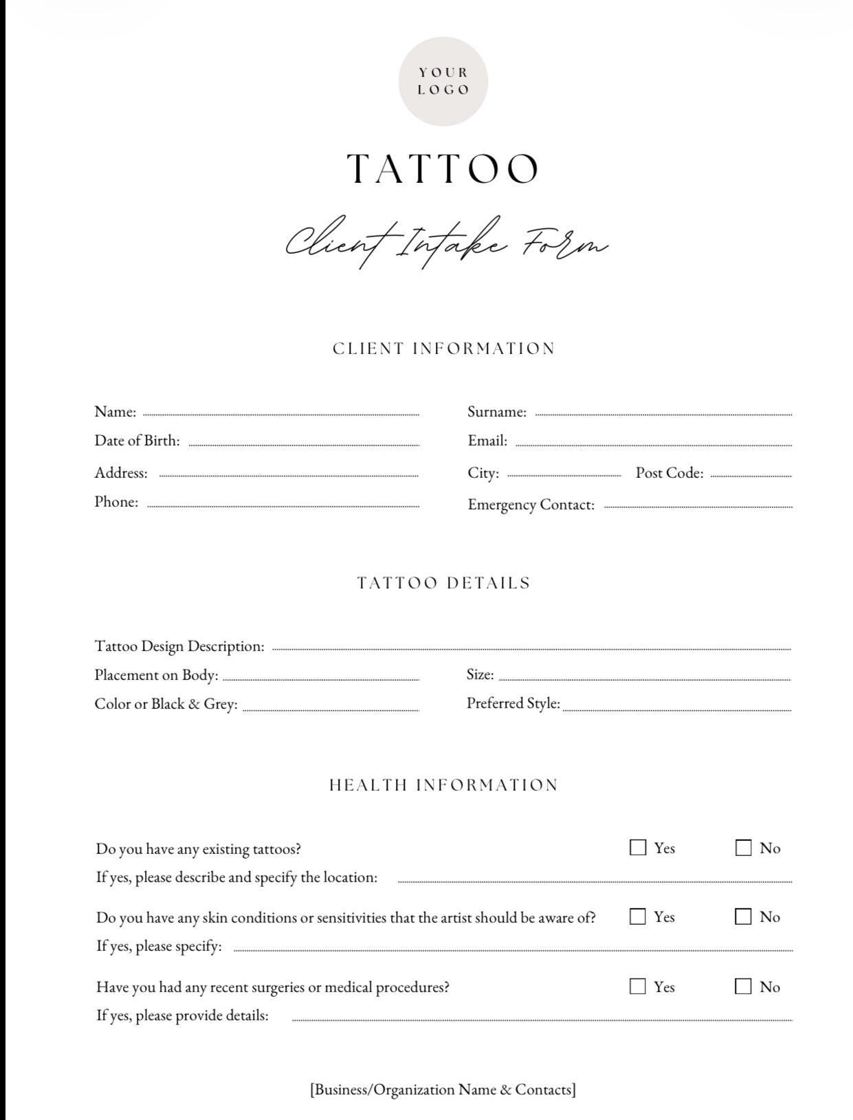 Tattoo Artist Form Bundle 13 Pages PDF | Digital Product | Client ...