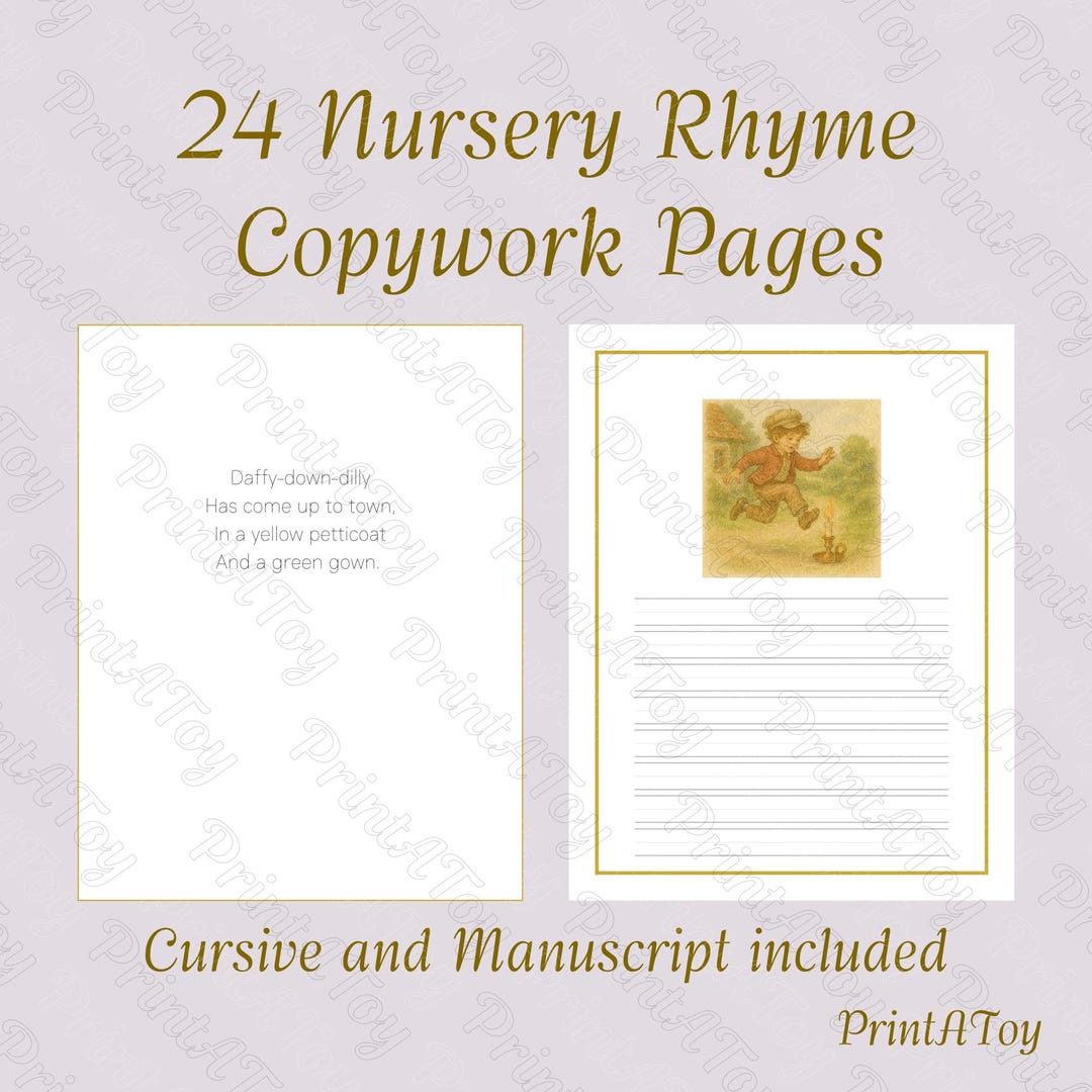 24 Classic Nursery Rhyme Copywork Pages With Illustrations & Gold ...