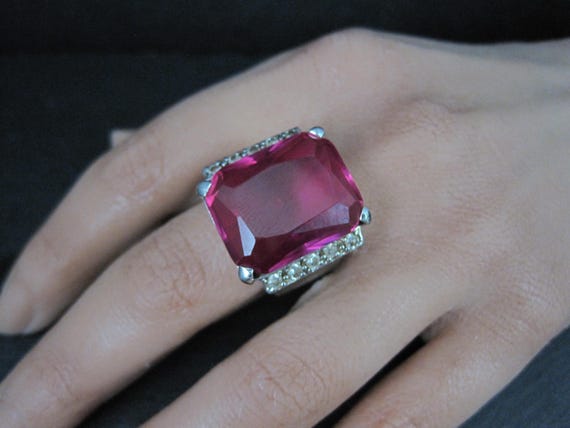 Large Synthetic Ruby Ring Sterling Silver Size 8.5 - Gem