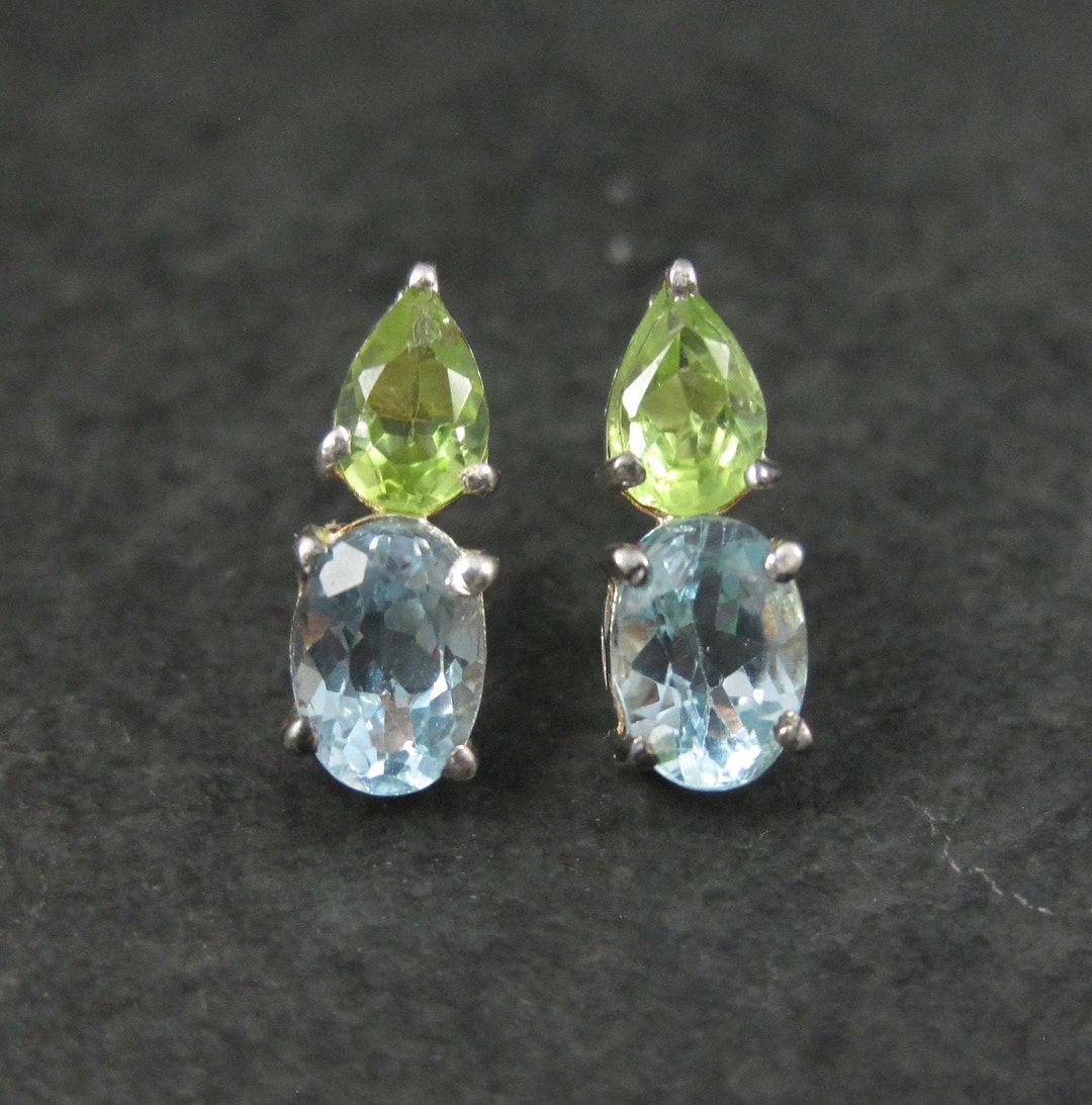 Peridot and Blue Topaz Stud Earrings Sterling Silver Estate Jewelry - Etsy