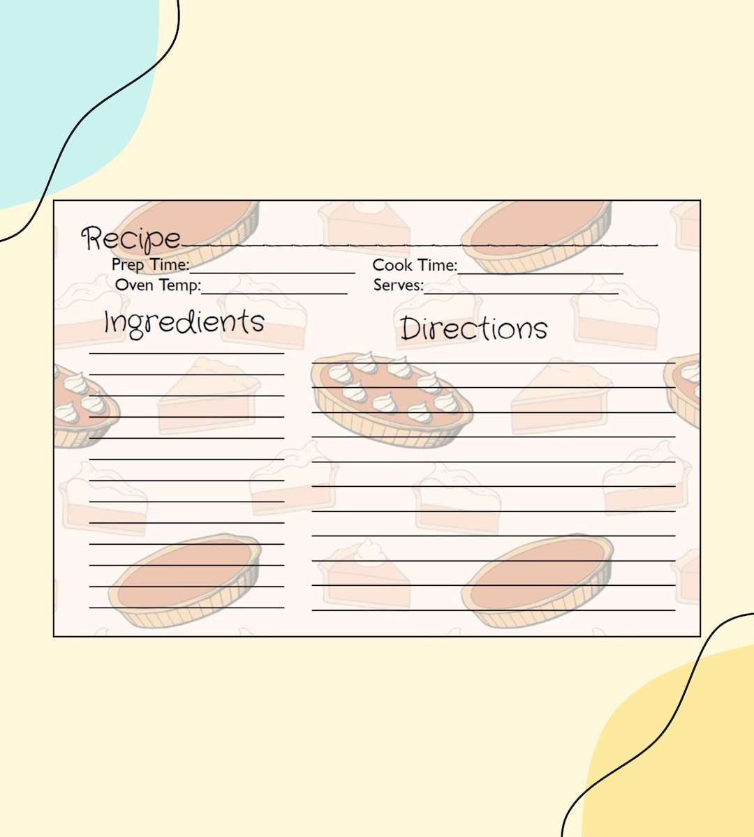 Pumpkin Pie Recipe Printable Cookbook Recipe Template 4x6 Recipe Card ...