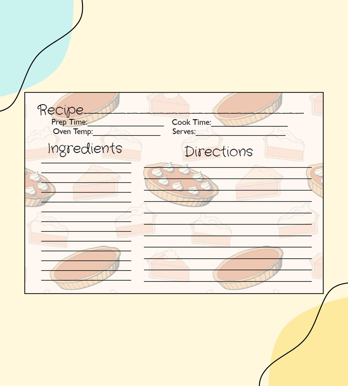 Pumpkin Pie Recipe Printable Cookbook Recipe Template 4x6 Recipe Card ...