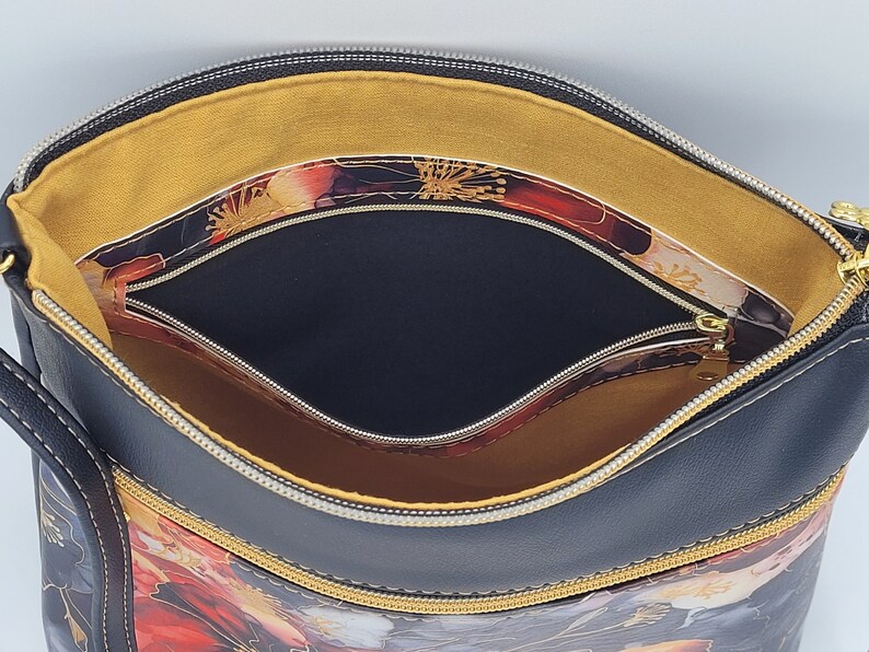 Small Crossbody Bag With a Front Zippered Pocket / Black and Pansies ...