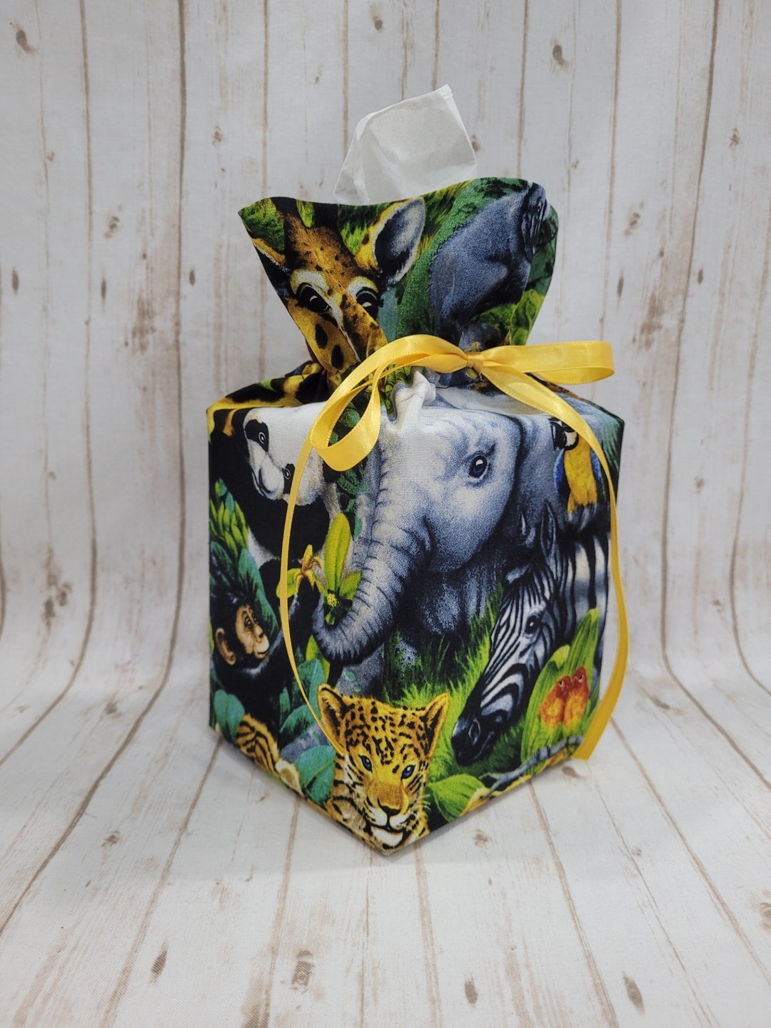 Zoo Animals Tissue Box Cover, Handmade Tissue Box Cover With Ribbon ...