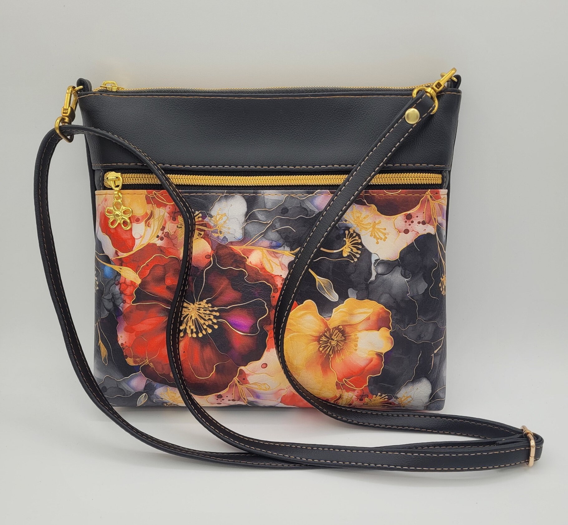 Small Crossbody Bag With a Front Zippered Pocket / Black and Pansies ...