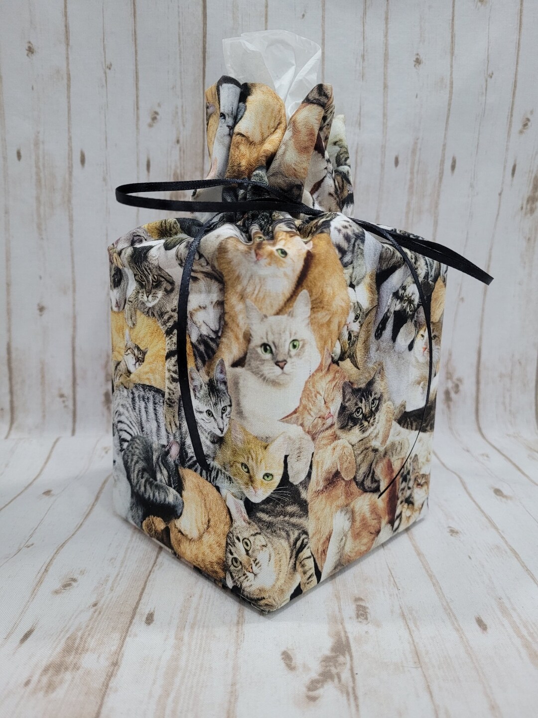 Cats Tissue Box Cover, Handmade Tissue Box Cover With Ribbon, Square ...