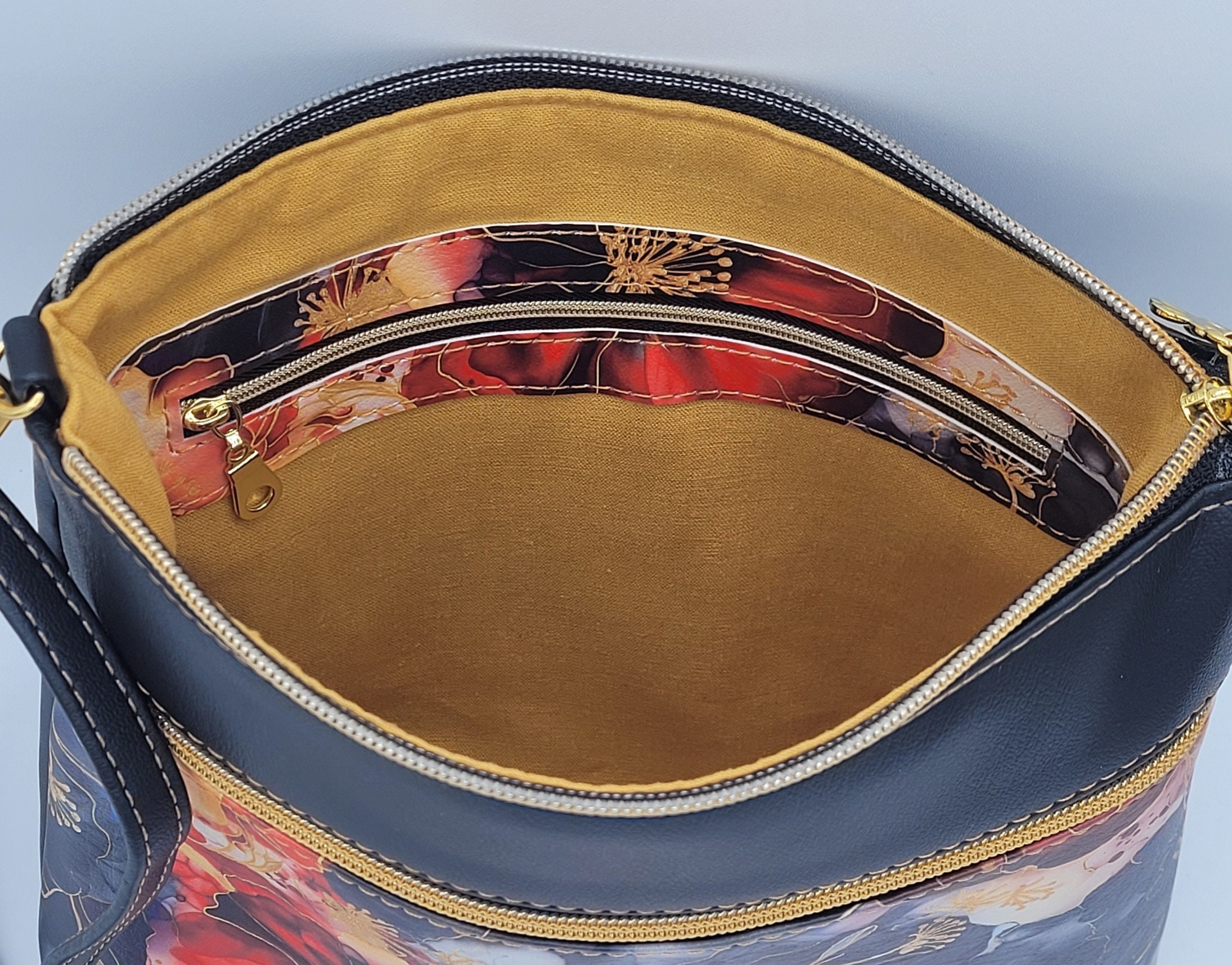 Small Crossbody Bag With a Front Zippered Pocket / Black and Pansies ...