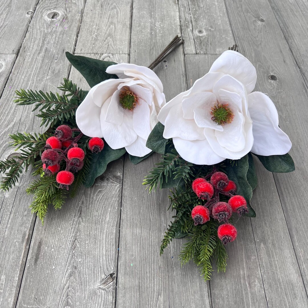 White Magnolia Greenery Spray With Iced Berries, SET OF 2, Christmas ...