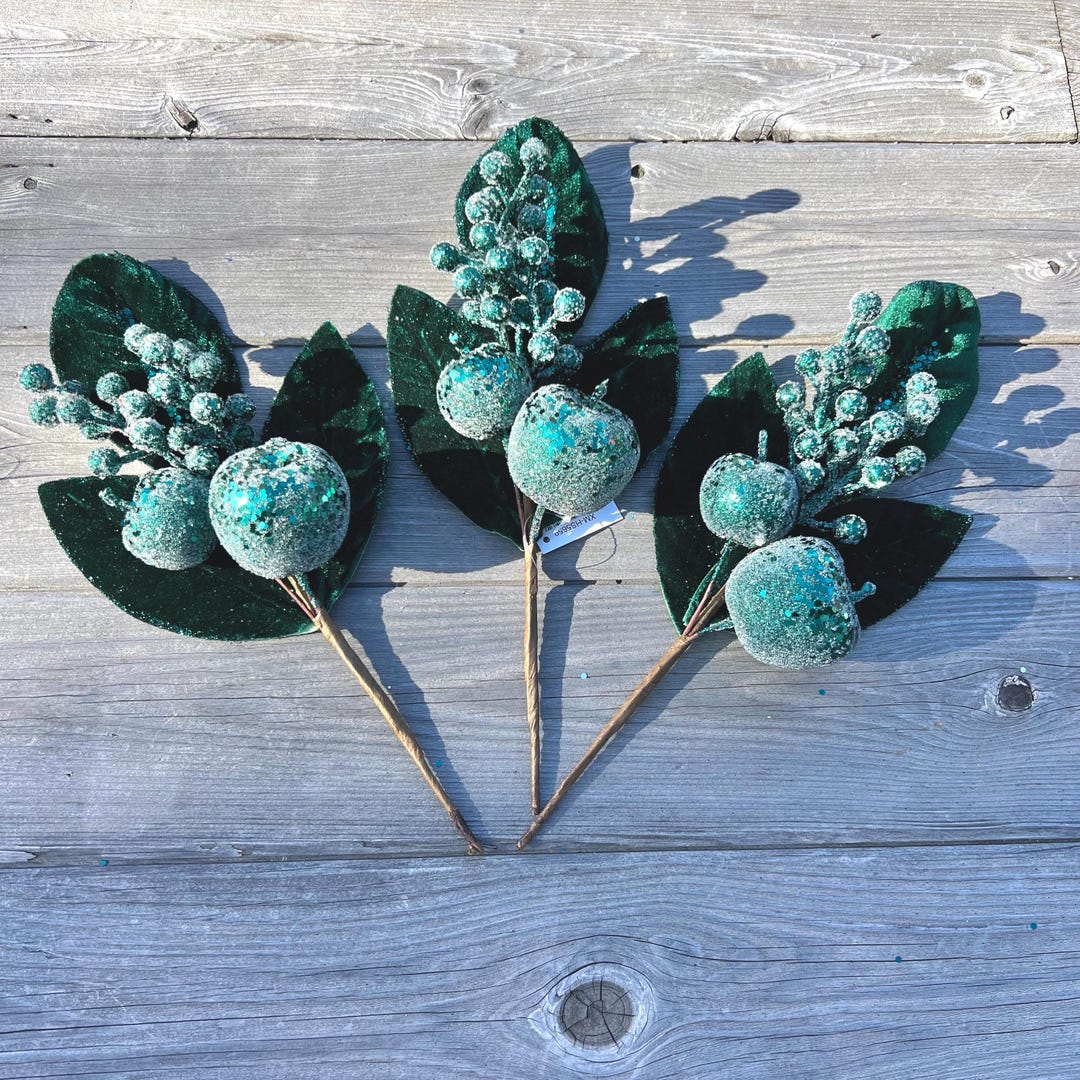 Emerald Green Magnolia Pick, Frosted Apples and Berries (set of 3) - Etsy