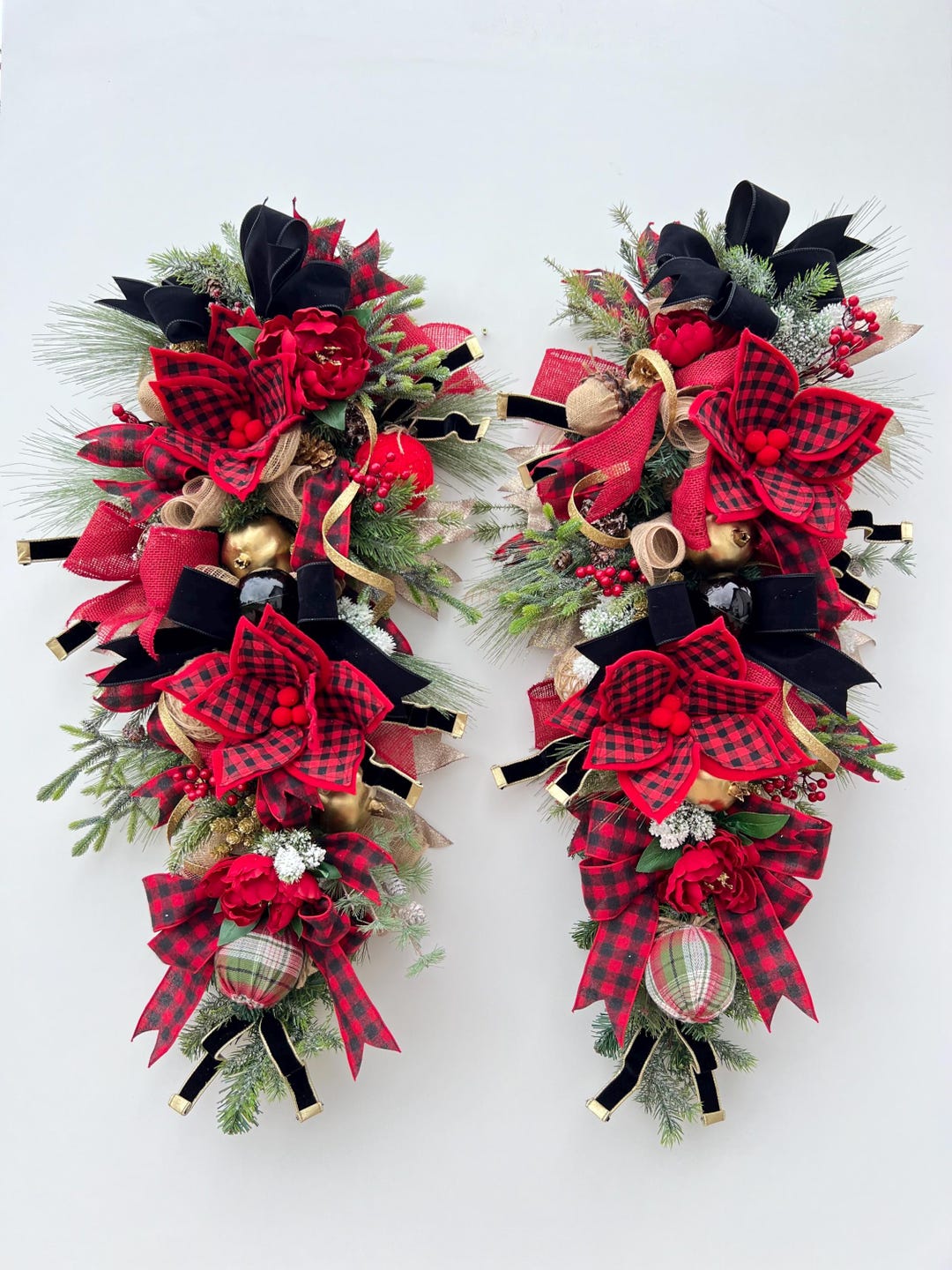 Double Door Christmas Swags, Holiday Wreaths, Black Red and Gold, Front ...