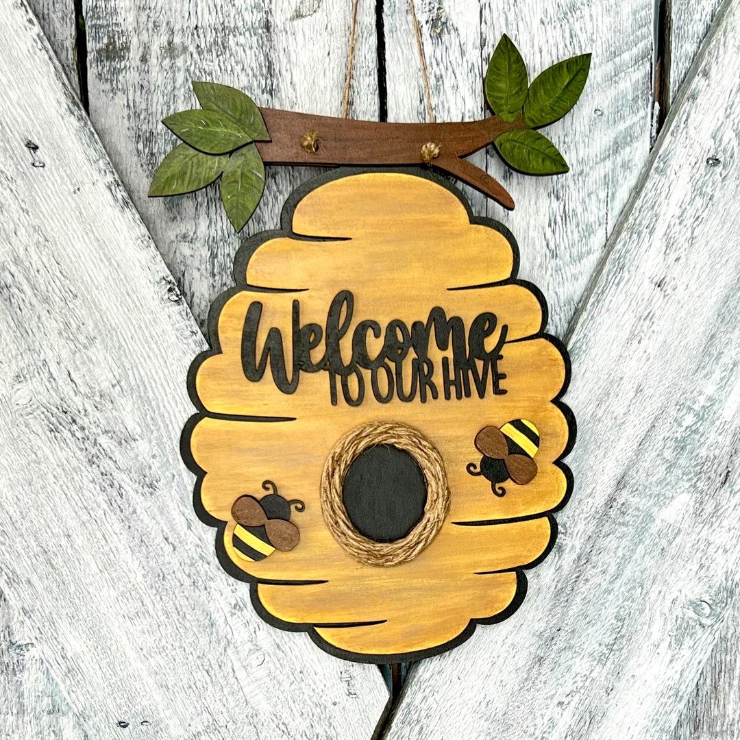 Bee Hive Sign, Welcome Sign for Wreaths, Bee Door Hanger, Summer Bee ...