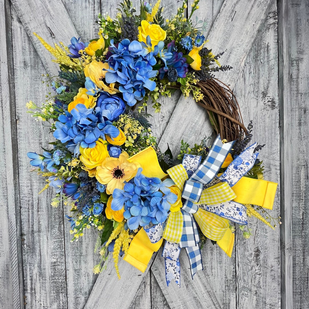 Blue Yellow Spring Wreath for the Front Door, Farmhouse Hydrangea Door ...