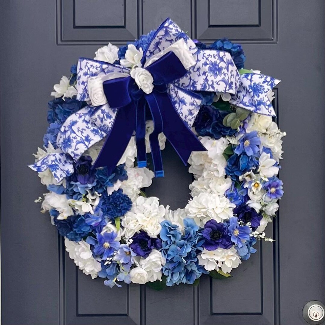 Blue and White Hydrangea Wreath With Chinoiserie Bow, Elegant Spring ...