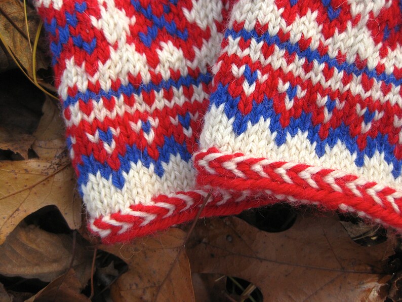 Sami Pattern Mittens knit in white red and blue wool yarn. | Etsy