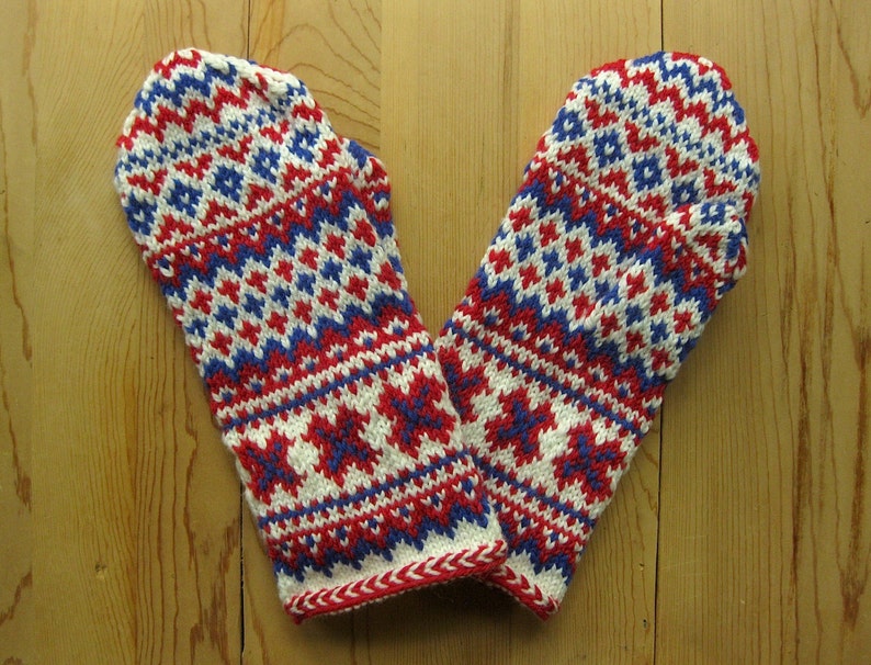 Sami Pattern Mittens knit in white red and blue wool yarn. | Etsy