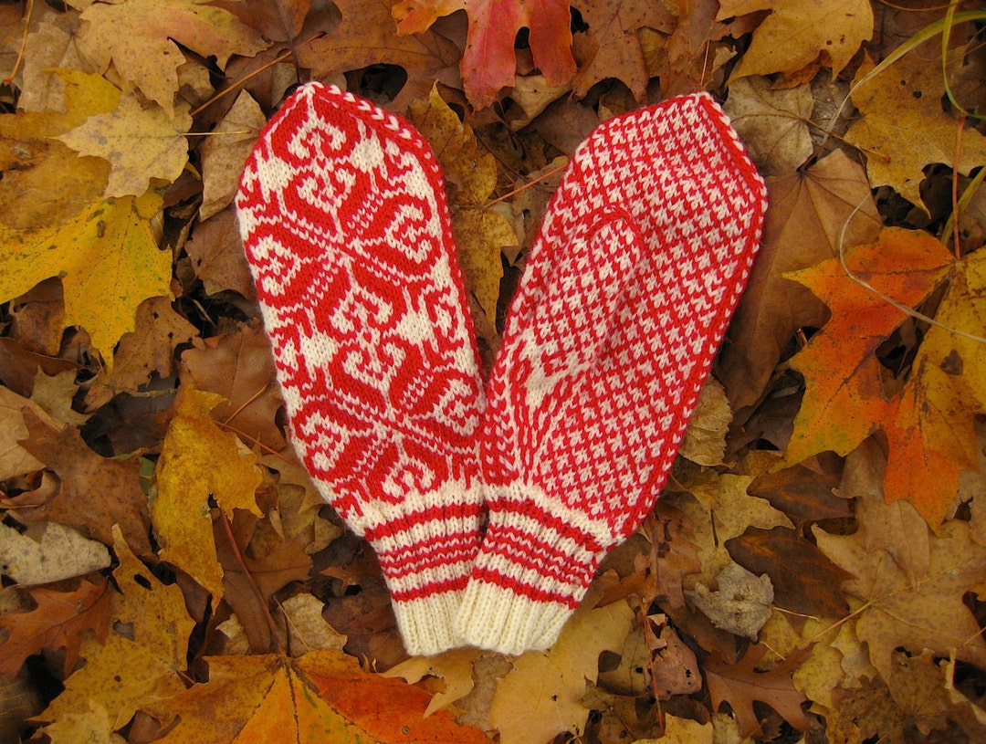 Handknit Scandinavian Mittens Selbu, Norway Rose, Red on Off-white ...