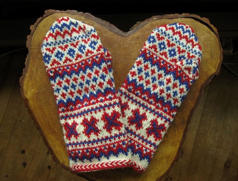 Sami Pattern Mittens knit in white red and blue wool yarn. | Etsy