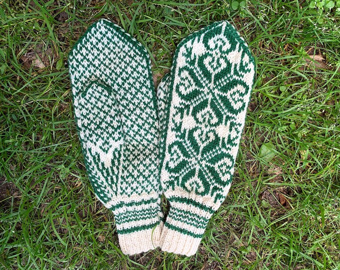 Handknit Scandinavian Mittens Selbu, Norway Rose, Knit in Green on off ...