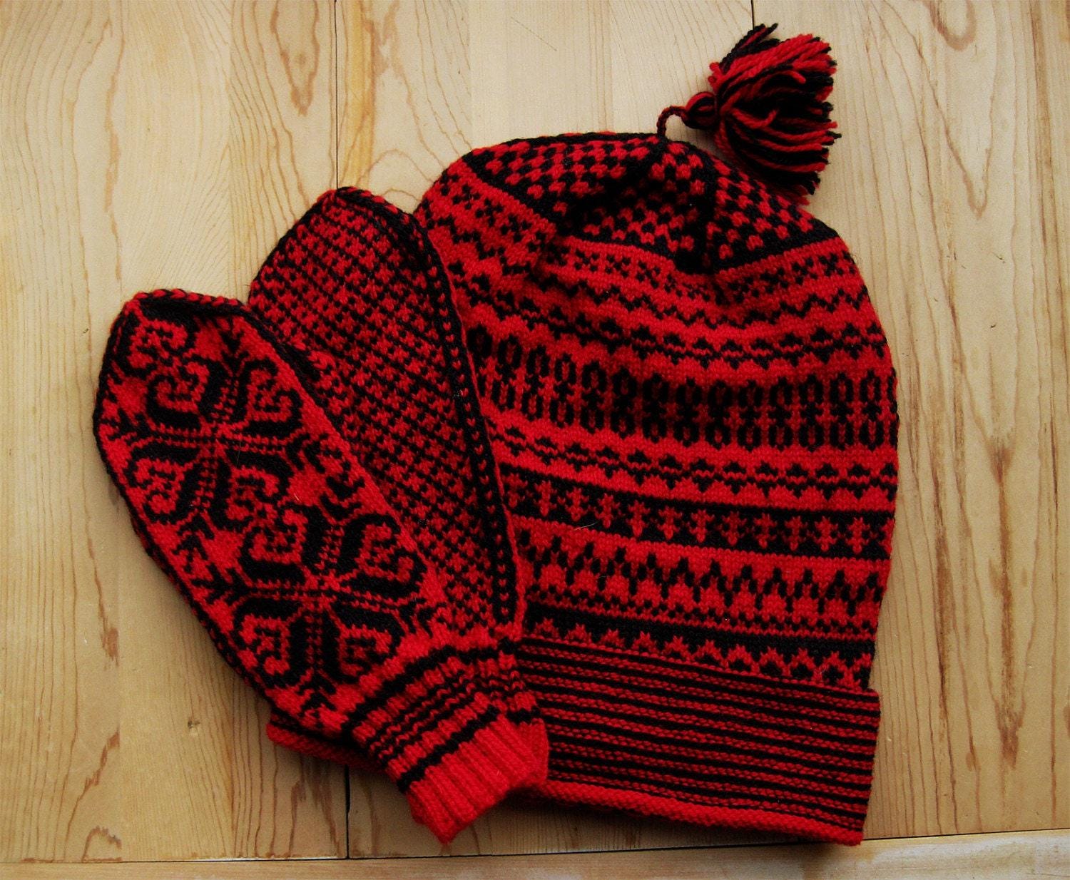 Handknit Norwegian Mittens Selbu, Norway Rose, Black on Red, Sport ...