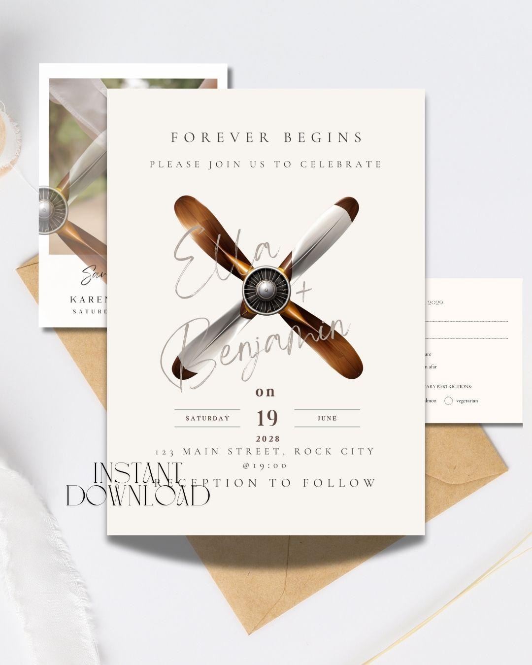 Vintage Propeller| Editable Aviation Wedding Invitation | Airplane ...