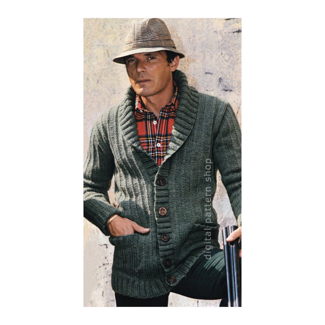Mens Knit Cardigan Pattern Shawl Collar Sweater Jacket Knitting Pattern ...