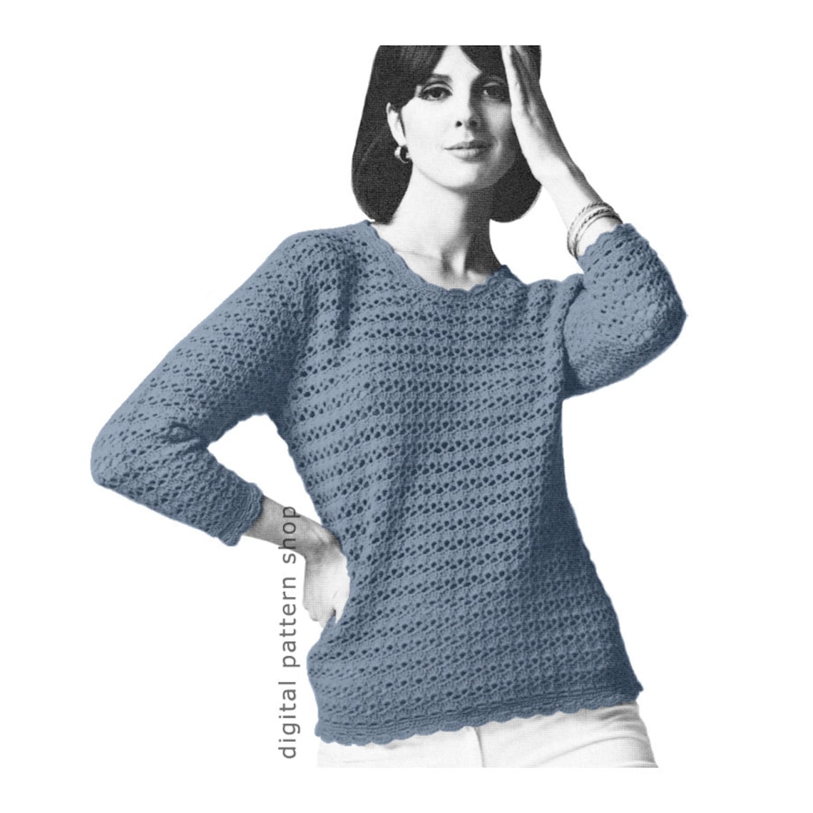 Crochet Sweater Pattern Womens Vintage Shell Stitch Pullover Top ...