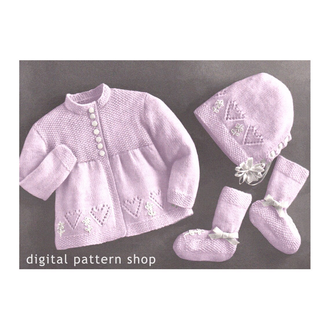 Baby Knitting Pattern Girls Sweater Bonnet Booties, Dainty Heart ...