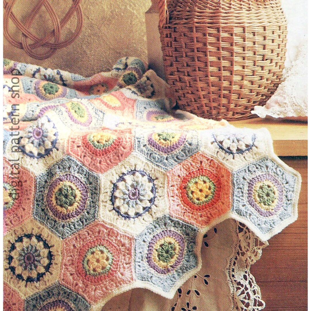 Hexagon Afghan Crochet Pattern, Vintage Pastel Afghan of Polygon Granny ...