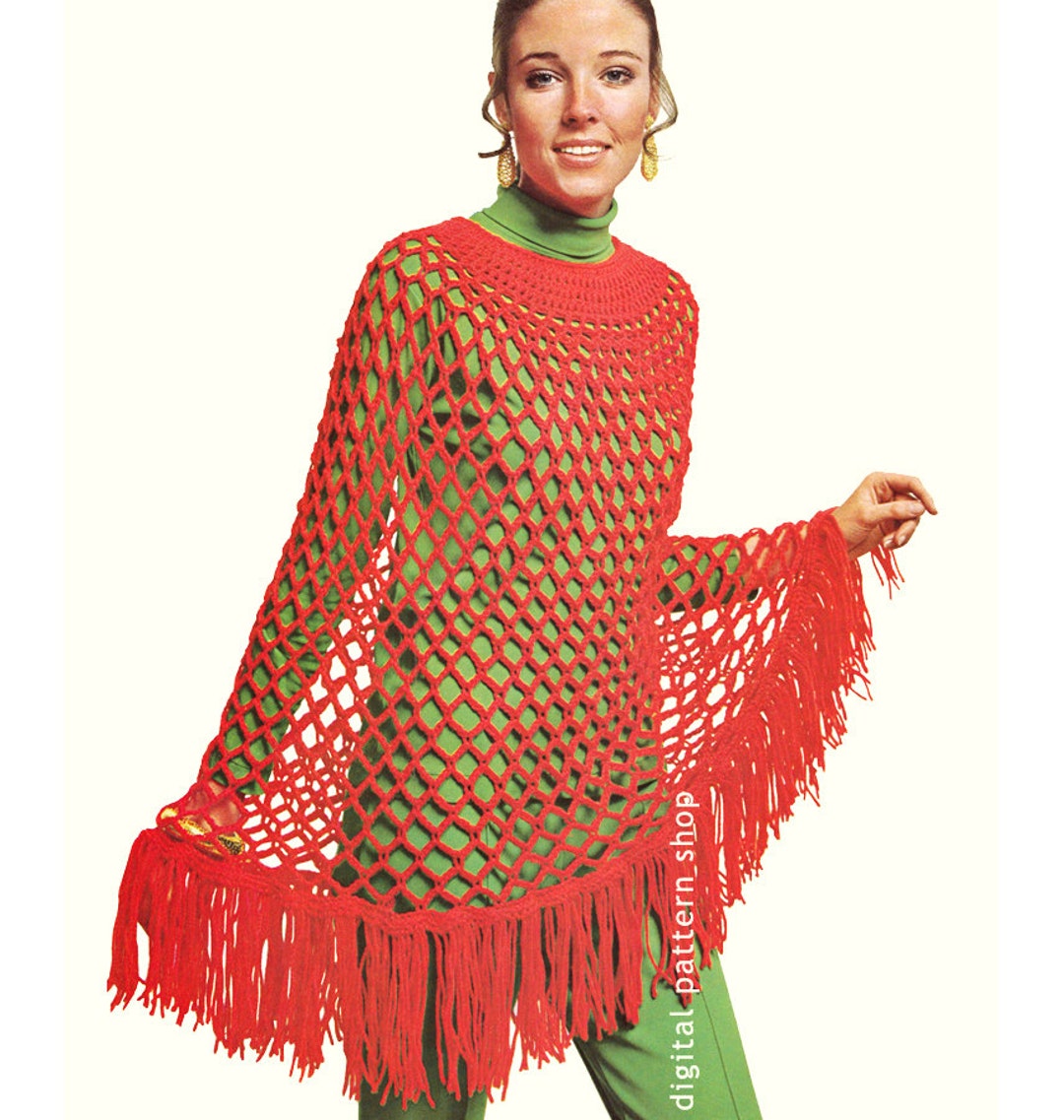 60s Crochet Poncho Pattern, Vintage Mesh Poncho Crochet Pattern Cape ...