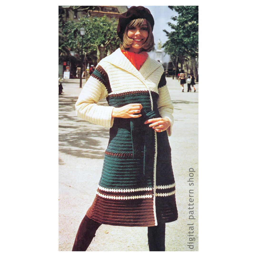 Long Wrap Sweater Crochet Pattern Shawl Collar Womens Contrast Colors ...