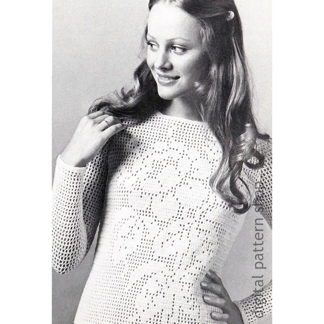Filet Crochet Sweater Pattern, Large Rose Top, Crochet Blouse Long ...