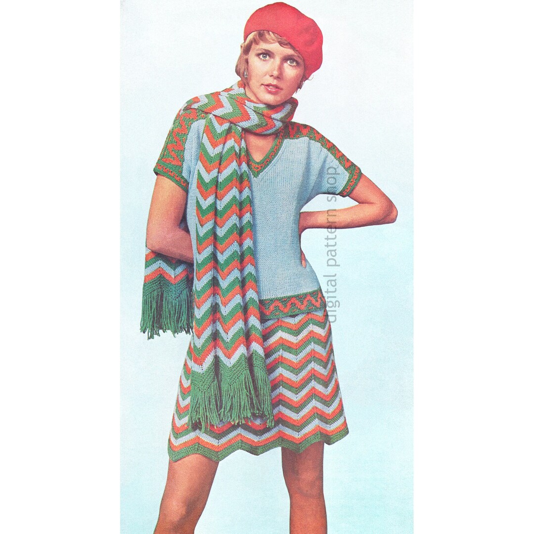 70s Zig-zag Dress Knitting Pattern, Striped Two-piece Chevron Top and ...