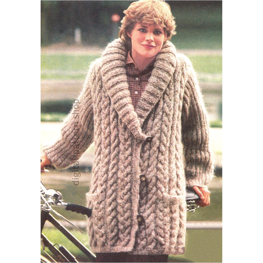 70s Cabled Coat Knitting Pattern, Shawl Collar Sweater Coat Knitting ...