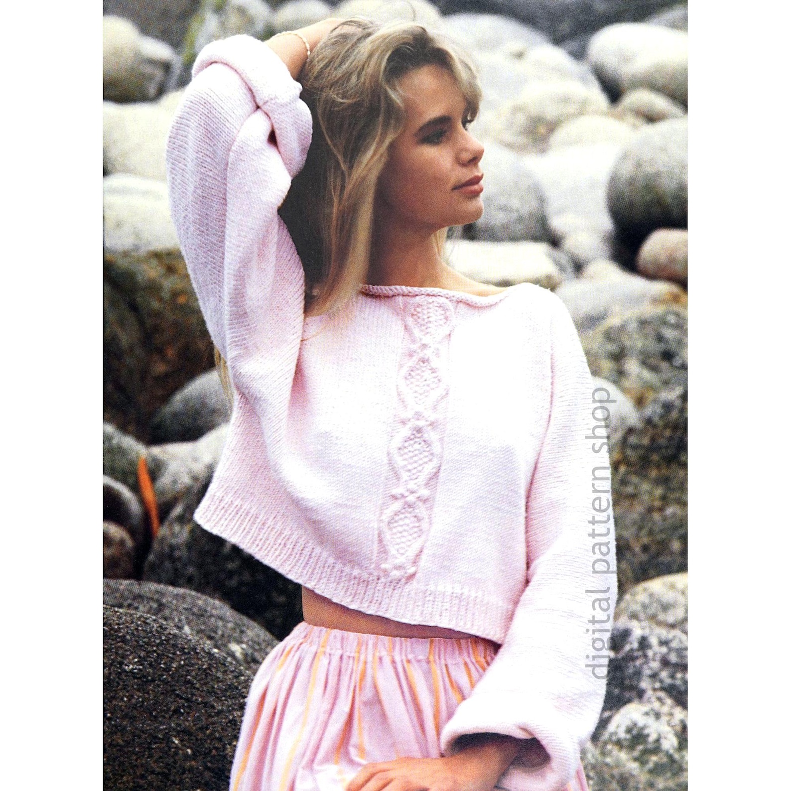 80s Cropped Sweater Knitting Pattern, Knit in One Piece Aran Center ...