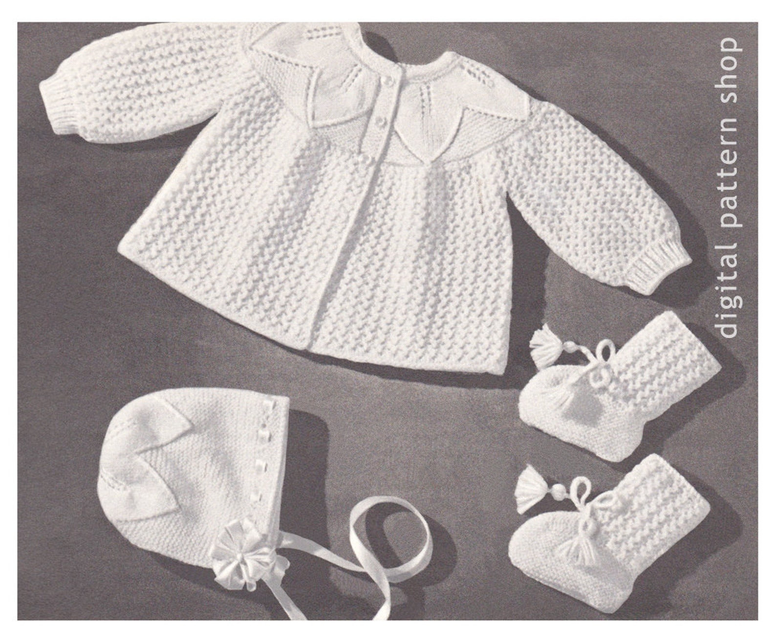 Vintage Baby Knitting Pattern Sweater Bonnet Booties Leaf & - Etsy