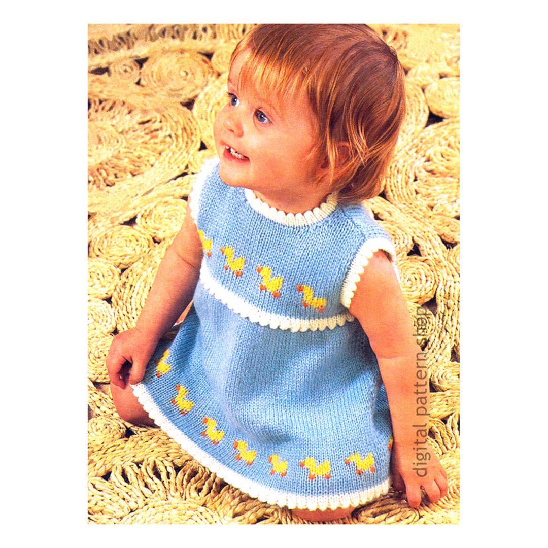 Girls Knitting Pattern, Dress With Ducks, Knit Sleeveless Dress Picot ...