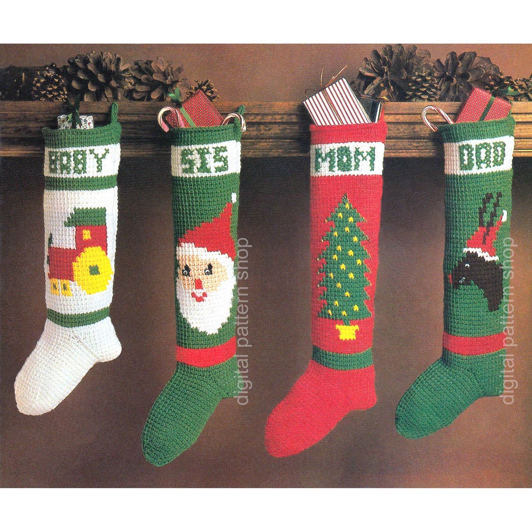 70s Personalized Christmas Stockings Crochet Pattern for Family, Custom ...
