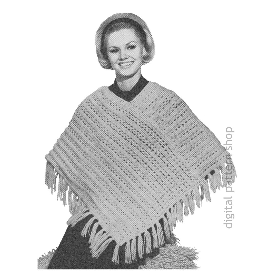 70s Easy Poncho Knitting Pattern, Open Knit Poncho for Women Small ...