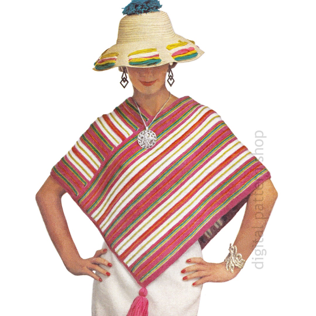 60s Poncho Knitting Pattern, Vintage Colorful Quexquemetl Poncho for ...