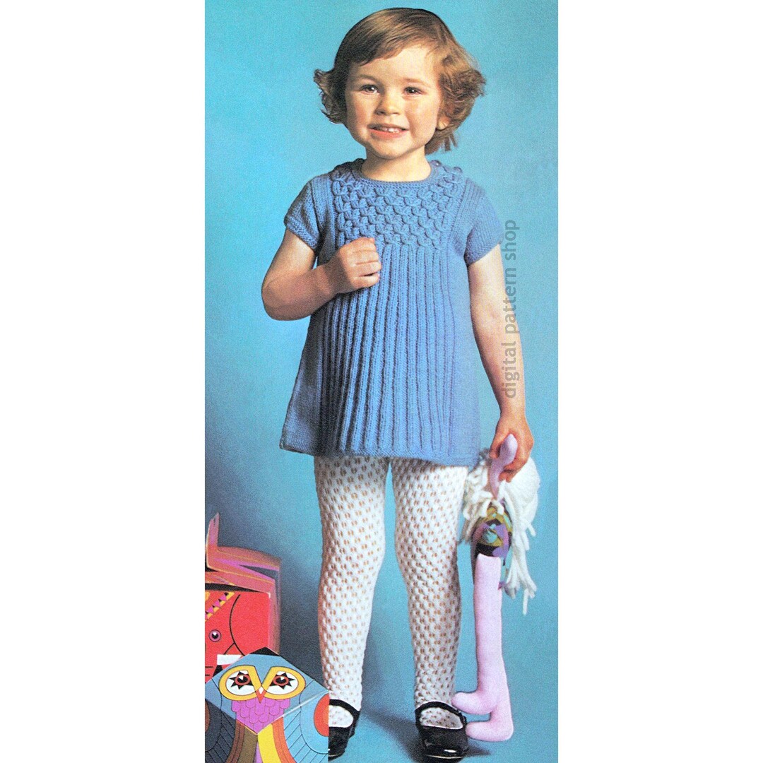 Girls Dress Knitting Pattern, Vintage Smocked Dress Buttoned Shoulders ...