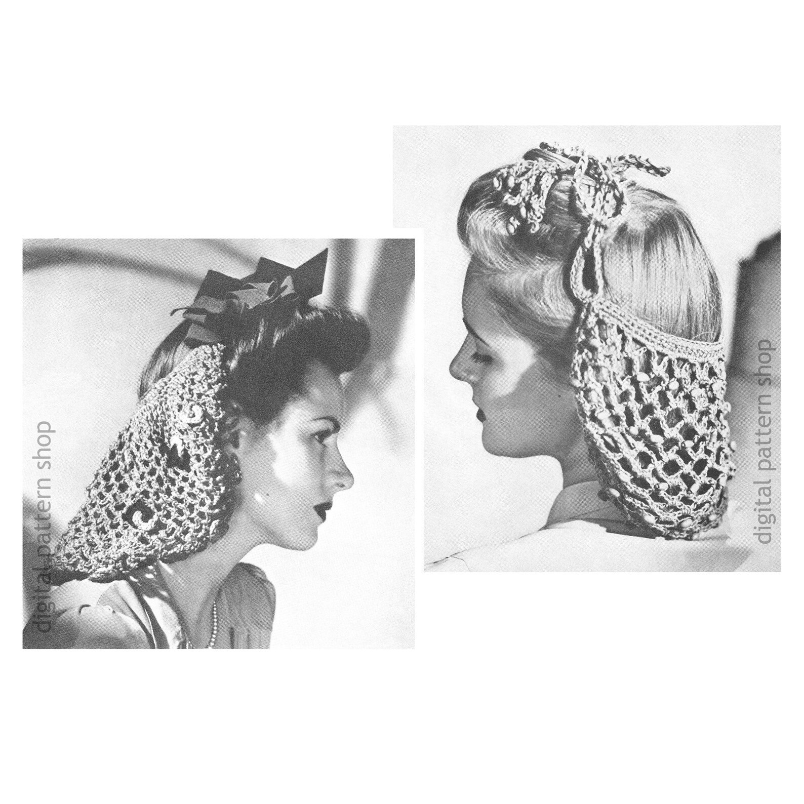 1940s Vintage Snoods Crochet Pattern for Women, Beaded Snood, Mesh Hair ...