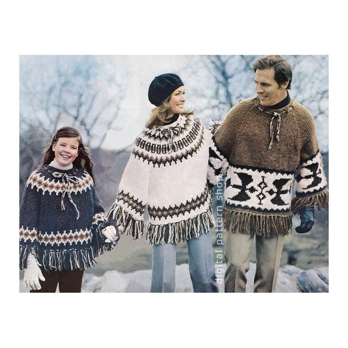 Knit Poncho Pattern, 70s Vintage Pullover Poncho for Men Women Child ...