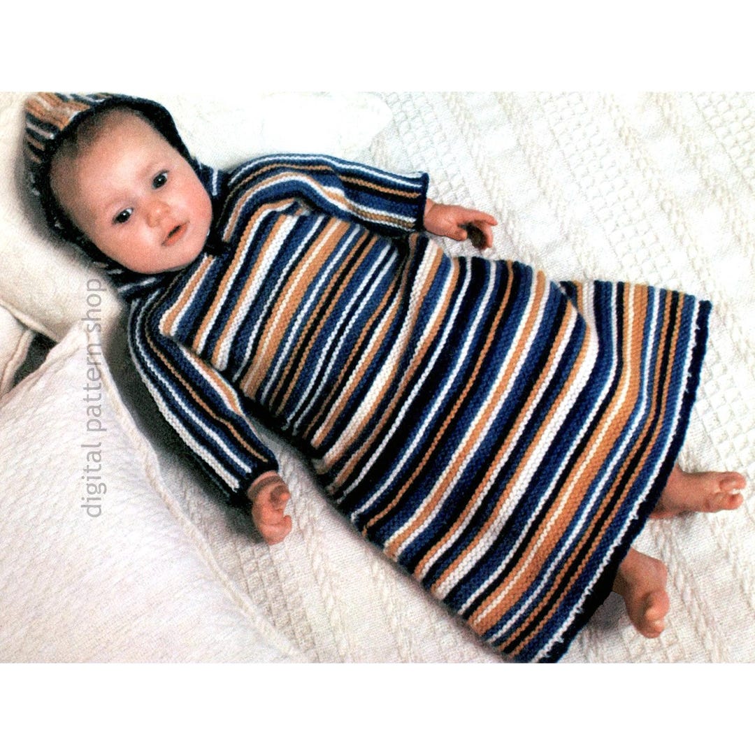 70s Baby Caftan Knitting Pattern, Hooded Kaftan Gown Optional ...
