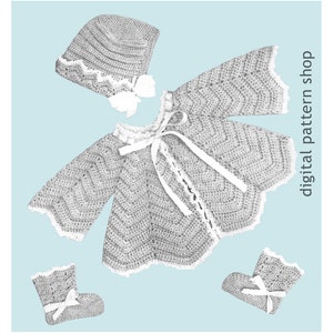 Baby Crochet Pattern Vintage Ripple Baby Sweater Bonnet & Booties ...