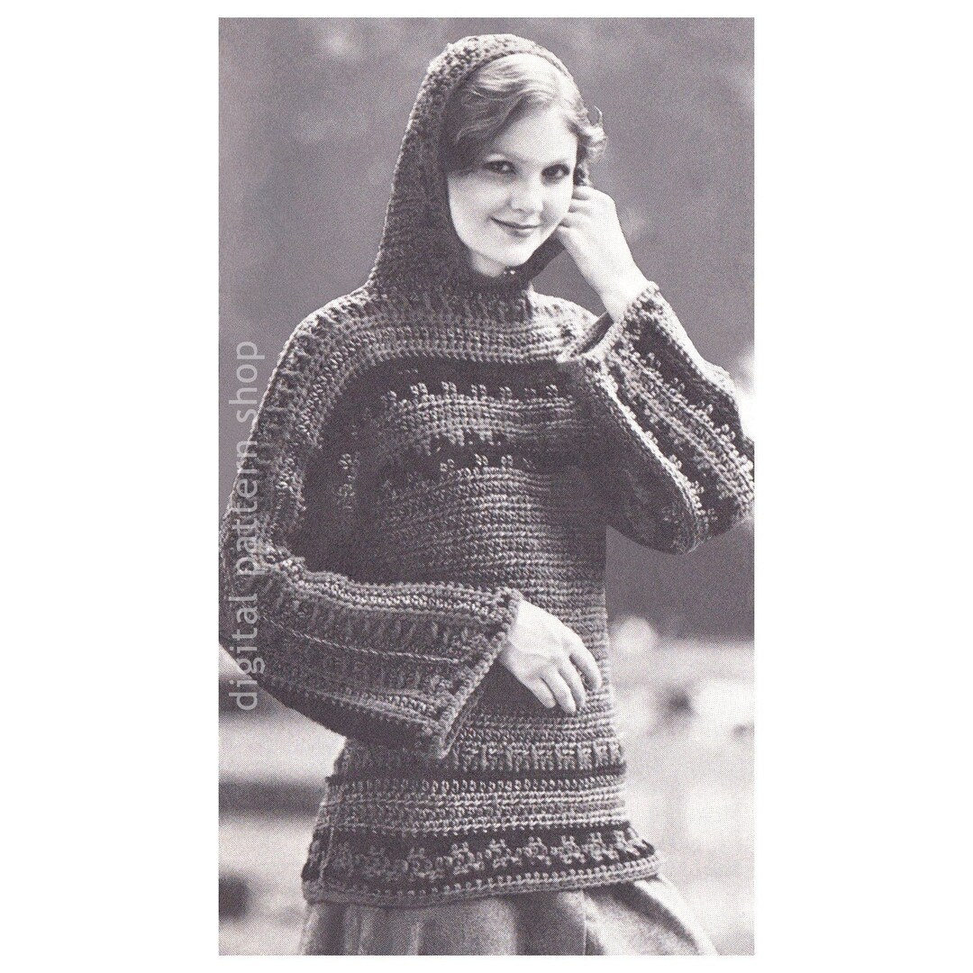 Hooded Sweater Crochet Pattern, Womens Bell Sleeve Pullover Jumper Size ...
