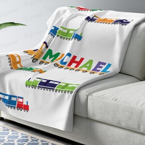 Personalized Train Blanket, White Blanket With Colorful Trains and Name ...