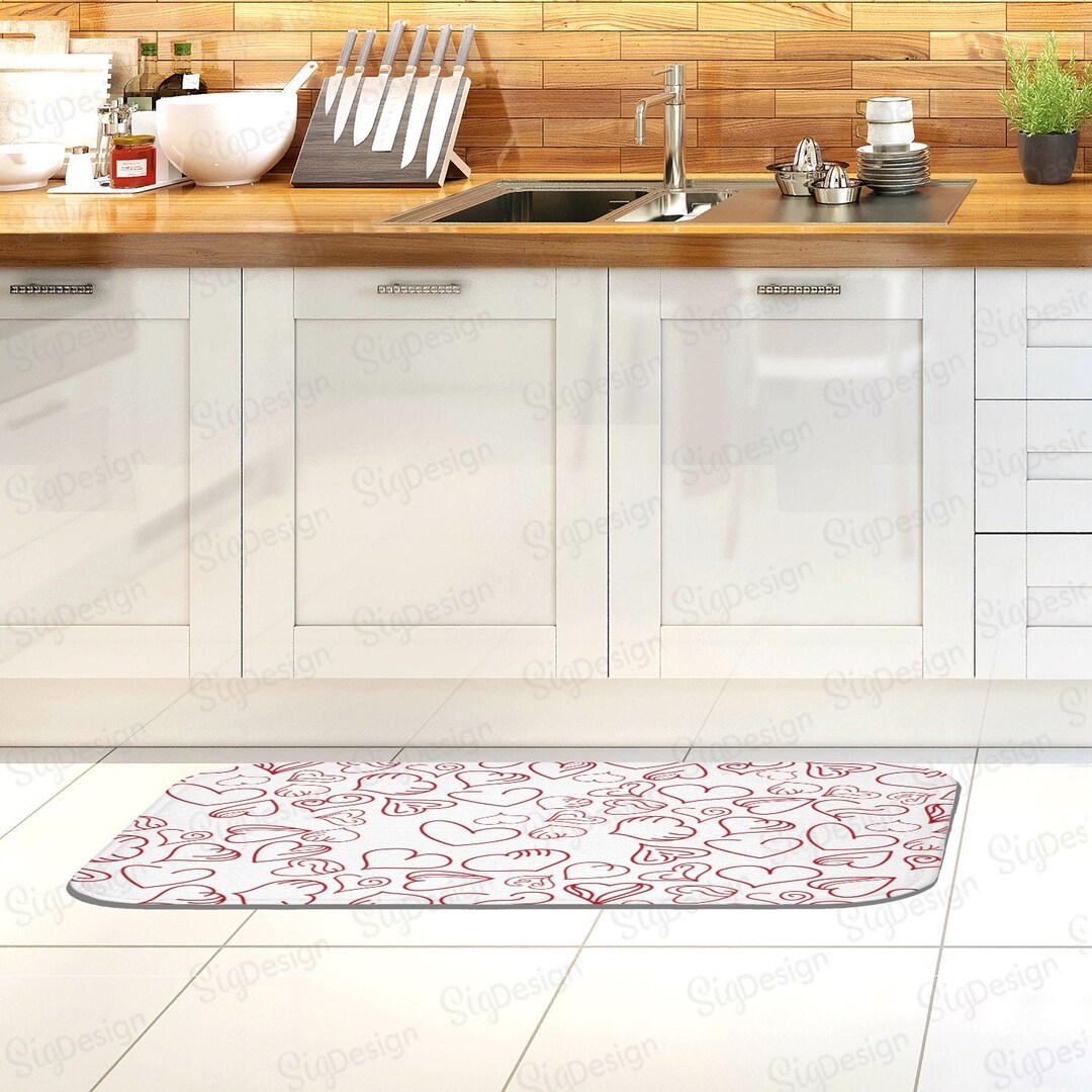 Hearts Kitchen Floor Mat, Hand Drawn Hearts Pattern Print on Kitchen ...